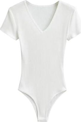 Generic YUJIEBB Body d&eacute;t&eacute; &agrave; manches courtes et col en V c&ocirc;tel&eacute; pour femme &eacute;lastique mince noir blanc top combinaisons, blanc, M