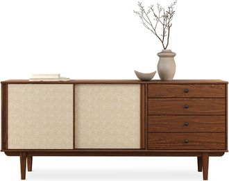 IDIMEX Sideboard Simona mit Rattan-Geflecht 175cm, kastanien Optik - 4 Schubladen und 2 Schiebet&uuml;ren, Flurkommode mit Einlegeboden, Wohnzimmer
