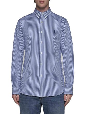 Polo Ralph Lauren Mens Poplin Shirt Light Blue Stripe Cotton - Elastane
