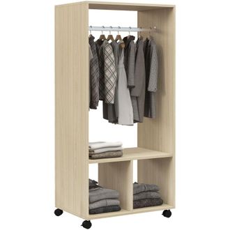 HOMCOM Armoire penderie &eacute;tag&egrave;re 2 niches penderie 4 roulettes pivotantes dim. 60L x 40l x 128H cm bois naturel-Bois naturel