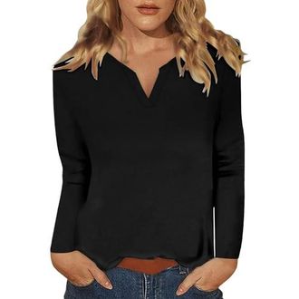 Generic Haut dautomne ample &agrave; manches longues et col en V pour femme - Chemisier confortable pour le quotidien et le travail de bureau, Noir, XXL