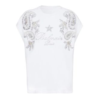 Balmain Femme, Tops, Blanc, Taille: 36 FR T-shirt Bamain Signature &agrave; motif paisey brod&eacute;
