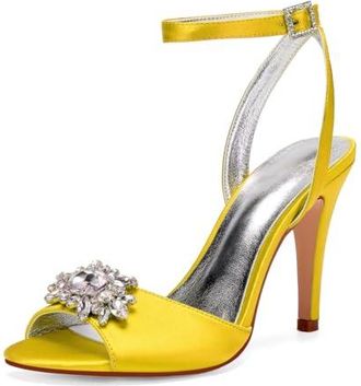 Generic 10.5CM Satin Stylet Femme &Eacute;t&eacute; Peep Toe Talons Hauts Sandales Mari&eacute;e Mariage Pompe Chaussures Soir&eacute;e Robe Chaussures,Jaune,37 EU