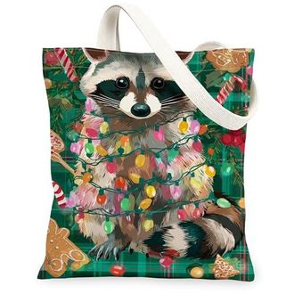 Generic Sacs fourre-tout en toile de raton laveur de Noël, motif animal mignon, sacs dépicerie réutilisables, légers et lavables avec bandoulière pour les voy