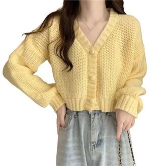 Generic Cardigan fin &agrave; col en V boutonn&eacute; d&eacute;contract&eacute; pour femme, Jaune, taille unique