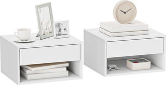 HOMCOM 2er-Set Wand-Nachttische, h&auml;ngende Nachttische mit ausziehbarer Schublade, offenes Fach, Tablett, moderner Stil, 37 x 32 x 21 cm, wei&szlig;