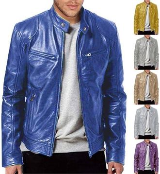 Generic Veste en cuir synthétique pour homme - Veste de moto rétro - Fermeture éclair intégrale - Col montant - Manteaux de motard décontractés pour adolescen