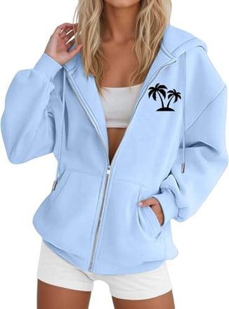 Generic 2026 Vestes &agrave; capuche &agrave; fermeture &eacute;clair pour femmes et adolescentes avec capuche enti&egrave;rement zipp&eacute;e, pull &agrave; manches longues et poches, bleu clair, 3X