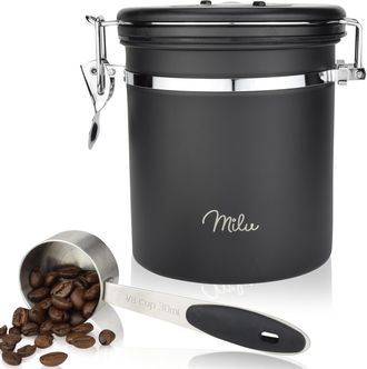 Milu Kaffeedose luftdicht | 500g, 700g | Kaffeebohnen Behälter Edelstahl Vorratsdosen Vakuum Kaffeebox mit Kaffeelöffel (Schwarz, 500g)