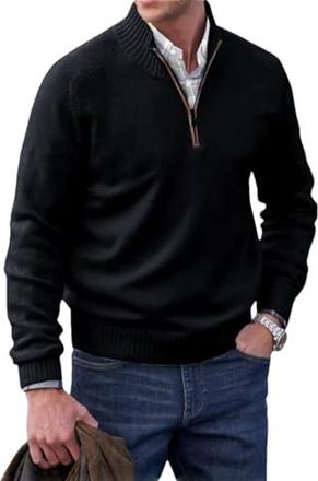 Generic Pull en cachemire avec fermeture &eacute;clair pour homme - Pull &eacute;pais &agrave; col roul&eacute; avec demi-fermeture &eacute;clair, Noir, L