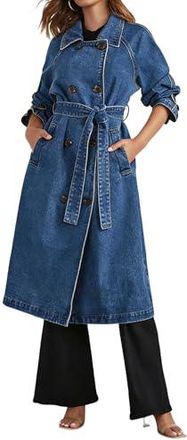 Generic Veste longue en jean &agrave; manches longues pour femme, trench-coat surdimensionn&eacute;, d&eacute;contract&eacute;, tunique de printemps, v&ecirc;tements dext&eacute;rieur avec ceinture, 
