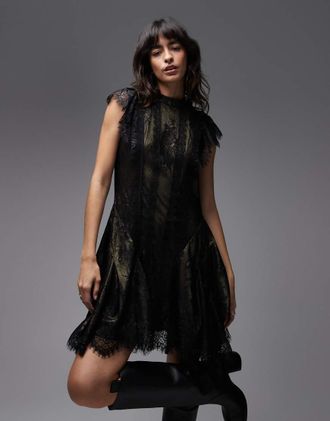 AllSaints Minikleid aus T&uuml;ll und Blumenspitze in Schwarz und Gold-Goldfarben