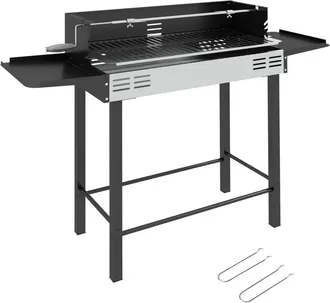 OUTSUNNY Barbecue charbon tourne broche grille - 2 tablettes lat&eacute;rales rabattables - acier inox noir
