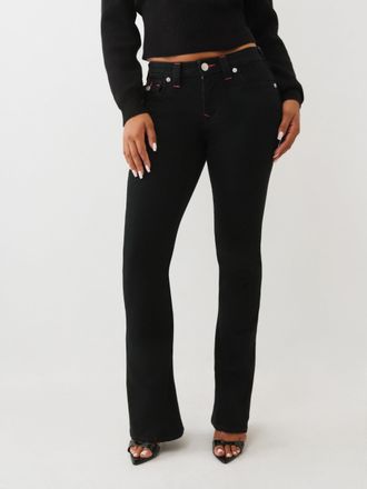 True Religion Damen Joey Big T Mid Rise Flap Flare Jeans, Rinse Black, 28W