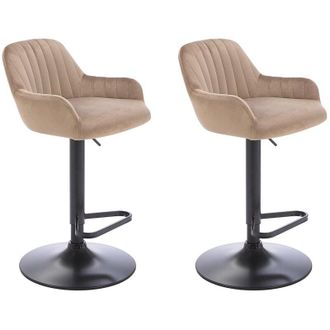 Vente-Unique Lot de 2 tabourets de bar en velours et m&eacute;tal noir - Hauteur r&eacute;glable - Beige - ELEANA