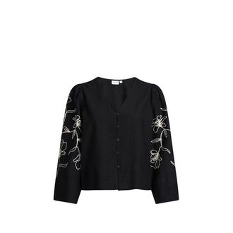 Vila Chemise fleurs brod&eacute;es sur manches en coton et lin m&eacute;lang&eacute;s