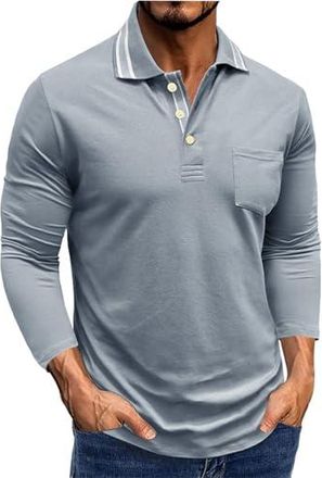 Generic Polo &agrave; manches longues pour homme - Polo de golf classique en coton avec poche de poitrine - D&eacute;contract&eacute; - Oversize - Respirant - Coupe droite - Bouto