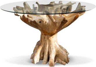 Les Tendances Table &agrave; manger ronde en racine de teck et verre tremp&eacute; RAKINA - &Oslash;130 et &Oslash;150cm 150 cm-Diam&egrave;tre 150 cm