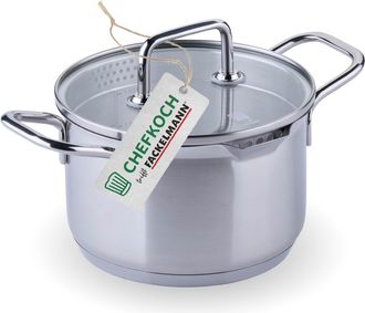 Fackelmann Chefkoch trifft Fackelmann Kochtopf mit Glasdeckel Ø16cm & 2.0L - Aus Premium Edelstahl mit Aluminium-Kern, für alle Herdarten inkl. Induktion