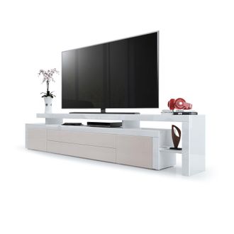 Vladon TV Board Lowboard Leon V3, Made in Germany, Korpus und &Uuml;berbau in Wei&szlig; Hochglanz/Front in Sandgrau Hochglanz mit Rahmen in Wei&szlig; Hochglanz (227 x 52 x 