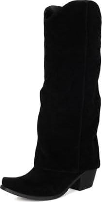 Generic Femmes Genou Haut Cowboy Bottes Bout Pointu Daim Chunky Bloc Talon Slip on Design Western Style Rétro Party Casual Chaussures de Travail,Noir,43 EU