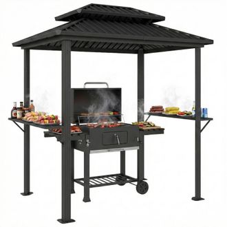 OUTSUNNY Abri barbecue ext&eacute;rieur - Outsunny - double toit 2 &eacute;tag&egrave;res lat&eacute;rales crochets - aluminium - 231x165x246cm - noir