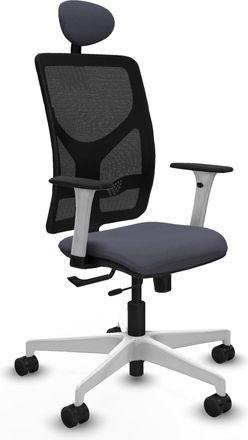 Piqueras y Crespo Schreibtischstuhl aus grauem Netzstoff, mit wei&szlig;en und schwarzen Armlehnen, h&ouml;henverstellbare Lendenwirbelst&uuml;tze und festes Kopfteil, ausgestattet mit