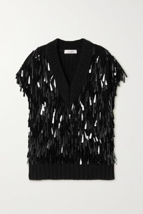 Valentino Garavani Pull Sans Manches En Laine Et Mohair M&eacute;lang&eacute;s C&ocirc;tel&eacute;s &Agrave; Sequins - Noir