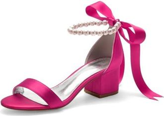 Generic Chaussures De Mariage Sangle De Cheville Talon Bas Femme Talon Satinée des Pompes Mariée Peep Toe Chunky Heels 5.5Cm,Rose Red,37 EU