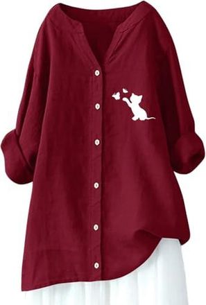 Generic Chemises &agrave; manches 3/4 en lin pour femme - Jupes d&eacute;t&eacute; surdimensionn&eacute;es 2025 - Style d&eacute;contract&eacute; - Solide - Coupe ample - Style boh&egrave;me - Col en V - Man