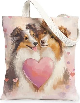 Generic Sac fourre-tout en toile motif chien berger Shetland pour faire du shopping, 33 x 38,1 cm, sac d&eacute;picerie r&eacute;utilisable pour la Saint-Valentin, motif de