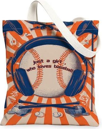 Generic Sacs fourre-tout en toile avec motif de baseball, sacs d&eacute;picerie r&eacute;utilisables, l&eacute;gers et lavables en toile pour, Orange, 13x15 Inch