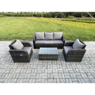 Fimous Salon de jardin exterieur 5 places Ensemble de canap&eacute;s en rotin avec Table basse rectangulaire Gris fonc&eacute; mixte - Fimous