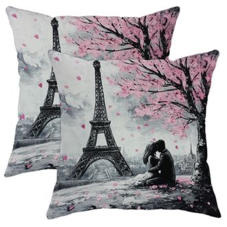 Generic Romantisches Paris, Schwarz-Wei&szlig;er Eiffelturm Mit Pfirsich 2Er Set Kissen Fall Vintage Kissenbezug Dauerhaft Kissenh&uuml;lle F&uuml;r Outdoor Couch Zimmer B&uuml;ro