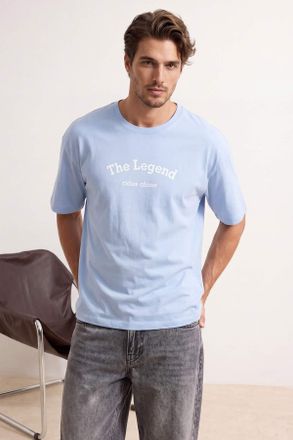 Trendyol MAN Herren Blau Slogan Kurz Oversize T-Shirts
