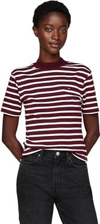 Tommy Hilfiger T-Shirt Manches Courtes Femme Slim Cody Crop Col Roulé Mock, Multicolore (Breton STP Deep Rouge/Ecru), XS