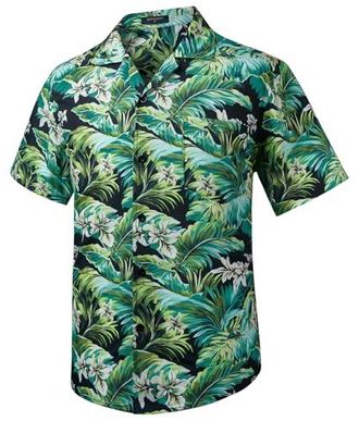 Hisdern Hawa&iuml;enne Chemises Hommes &eacute;t&eacute; Manches Courtes Cyan Chemise a Fleurs Homme pour Plage Vacances Tropicale avec Poche-Avant L