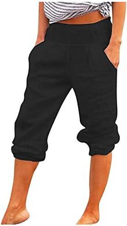 Generic Pantalon Ete Femme en Lin Fluide Large Elegant Pantalon en Coton avec Poche Chanvre et D&eacute;contract&eacute; pour Femme Solide Panta Court &Eacute;t&eacute; Fluide (Black L)