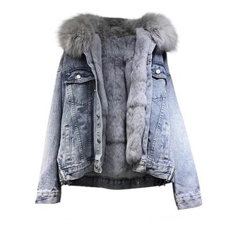 Generic Manteaux dhiver pour femmes, veste en jean épaisse, parka tendance dautomne avec doublure en polaire sherpa et col en fausse fourrure, bleu, XXL