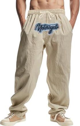 Generic Pantalon de plage long en lin pour homme : pantalon en lin avec imprim&eacute; pantalon d&eacute;t&eacute; avec taille &eacute;lastique pantalon de loisirs jambe droite pantalon 