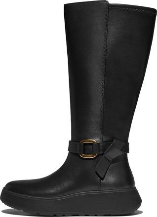 FitFlop F-Mode Damen Stiefel mit quadratischem Ring, Leder, Flatform, hohe Stiefel, kniehoch, Schwarz, Gr&ouml;&szlig;e 38, Schwarz, 38.5 EU