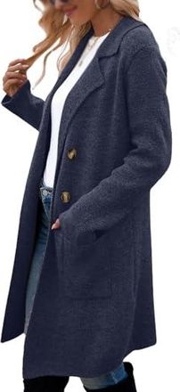 Generic Trench-coat pour femme à double boutonnage à revers, manteau long dhiver décontracté long manteau trench, bleu marine, L