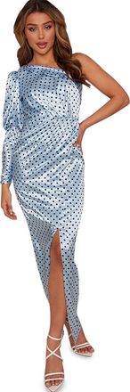 Chi Chi London Damen Maxikleid aus Satin mit Einer Schulterpartie in Blau mit Punkten Cocktailkleid, 40