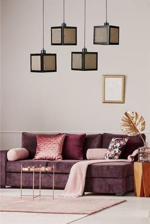 Opviq Elegant FIR Wood Chandelier, Adjustable Height, Black & Rattan, 70 cm Total Height | E27 Socket, 40W Max | Stylish Natural Fabric Cap, Perfect for Mod