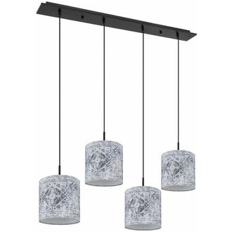 Globo Lighting Lampe suspendue lampe de salon lampe de salle &agrave; manger, 4 flammes, abat-jour textile motif, m&eacute;tal noir gris, h 150 cm