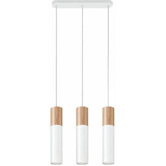 ETC Shop Lampe suspension lampe suspendue en acier blanc lampe suspendue cylindre en bois naturel 3 flammes moderne, 3x GU10, LxH 40x100 cm