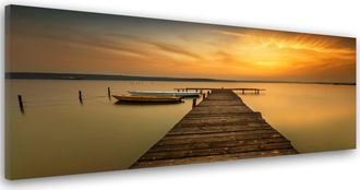 Feeby Frames Leinwandbild, Bilder, Wand Bild, Wandbilder, Kunstdruck 30x90cm, STEG, SEE, BOOTE, WASSER, AUSSICHT, BRAUN