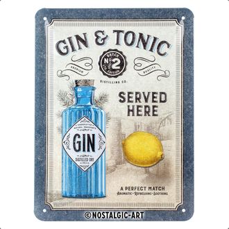 Nostalgic Art Retro Blechschild, 15 x 20 cm, Gin & Tonic Served Here - Geschenk-Idee als Bar-Zubeh&ouml;r, aus Metall, Vintage Design, Blechschilder Spr&uuml;che