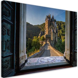 Feeby Bilder - Foto Geschenk - Blick auf einen Baum H&uuml;gel Burg - 115x75 1tlg - Leinwandbilder Wohnzimmer - Wandbild &uuml;ber dem Bett - Bild Schlafzimmer - Aest