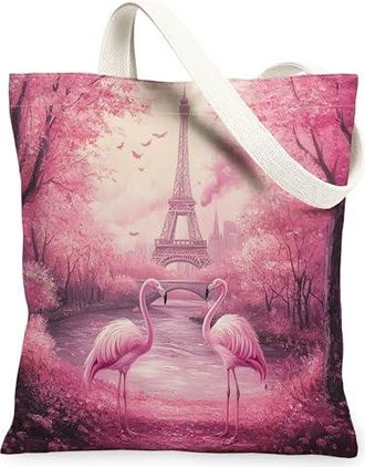 Generic Sac fourre-tout en toile motif flamants roses pour le shopping 33 x 38 cm, sac &agrave; bandouli&egrave;re r&eacute;utilisable pour femme, peinture de tours, d&eacute;coration ca